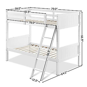 Costzon Wood Twin Over Twin Bunk Beds Convertible 2 Individual Twin Beds for Kids Children, Solid Rubberwood Bunk Bed with Ladder and Safety Rail (White)