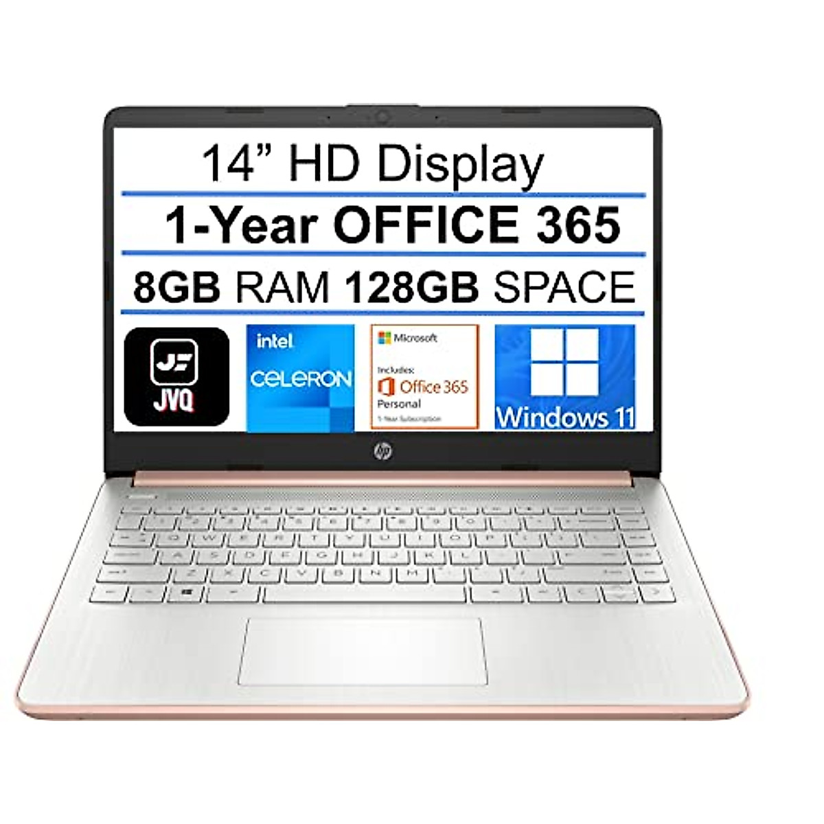 2022 Newest HP Stream 14" HD Laptop, Intel Celeron N4020(up to 2.8GHz), 8GB RAM, 128GB Space(64GB eMMC+64GB Card), 1-Year Office 365, WiFi, HDMI, USB-C, Webcam, Bluetooth, Windows 11S,Rose Gold+JVQ MP