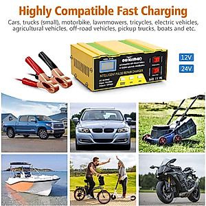 Outerman Car Battery Charger 12V 24V Lithium Battery Charger, Auto Battery Charger Maintainer for Car Boat Motorcycle Lawn Mower Lead Acid Battery or Lithium Battery Capacity: 6AH~105AH