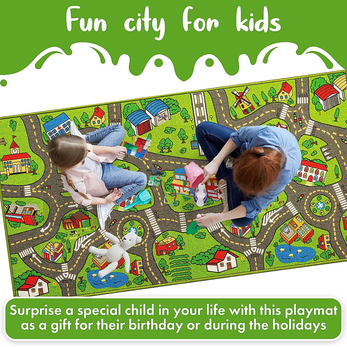 Kids Carpet Playmat City Life 3D Playroom Rug | 30 x 60 Inch Extra Large Toddler Activity Mat for Race Cars & Toys | Playroom Rug Makes a Fun Educational Gift Idea for Boys & Girls (Green)