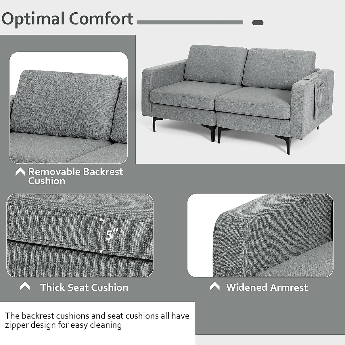Giantex 2-Seat Sofa Couch, 66" L Modern Loveseat, Thick Cushion, Armrest Magazine Holder with 2 Pockets, Metal Legs, Ideal for Living Room Reception Room Office