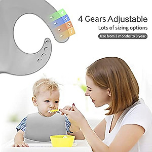GODR7OY Baby Silicone Bibs, BPA Free Waterproof Silicone Bibs with Food Catcher, Bibs for Toddlers, 4 Sizes Adjustable, Soft and Easy Clean, Unisex Cute Bibs (Gray Cool, 2 Pack)