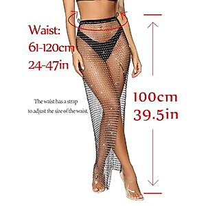 Lorealri Crystal Mesh Skirt Black Rhinestone Fishnet Cover Up Skirt Split See Through Dress Swimsuit Night Club Coachella Outfits Belly Accessories Jewelry for Women and Girls