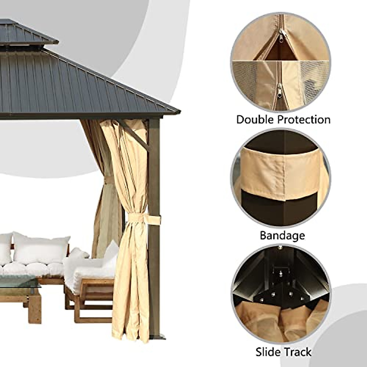 Aoodor 10' x 12' Gazebo Hardtop Roof, Aluminum Frame with Mosquito Netting and Curtain for Garden Patio, Black