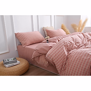 Generic All Season Washed Cotton Plaid & Gingham Duvet Cover Set - Soft, Durable Bedding in with Pillow Cases - Trendy, Versatile Bedroom Decor (Pink, Full/Queen)