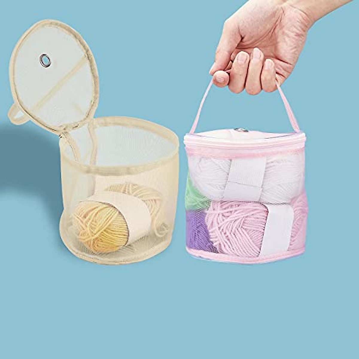 NBEADS 2 Pcs Empty Mesh Yarn Bags, Portable Knitting Bag Organza Storage Cases Tote Bags Crochet Thread Sewing Accessories for Yarn Storage (Pink and Navajo White)