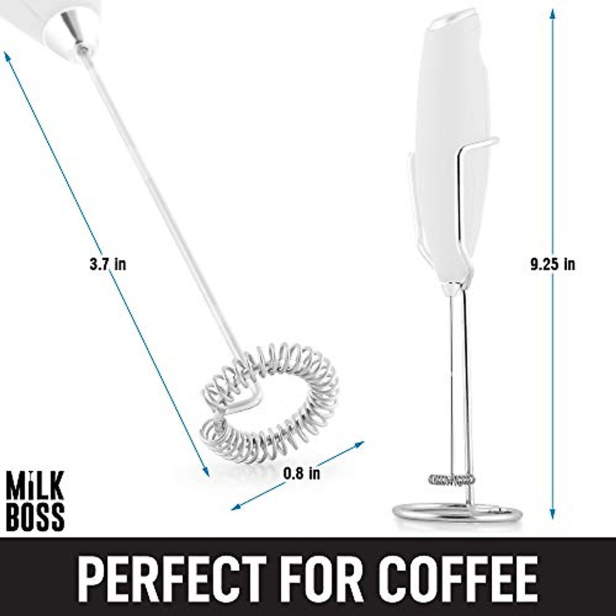 Milk Boss Powerful Milk Frother Handheld With Upgraded Holster Stand - Coffee Frother Electric Handheld Foam Maker - Milk Frother For Coffee, Lattes, Matcha & More - Electric Whisk Frother (White)
