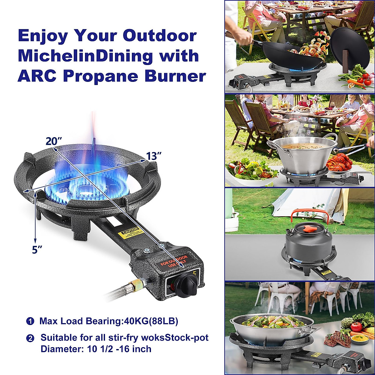 ARC Outdoor Propane Burner Stove, 13" Single Propane Burner and Carbon Steel Wok, Portable Propane Burner With Adjustable Regulator And Stainless Steel Hose, Great For Outdoor Wok Burner