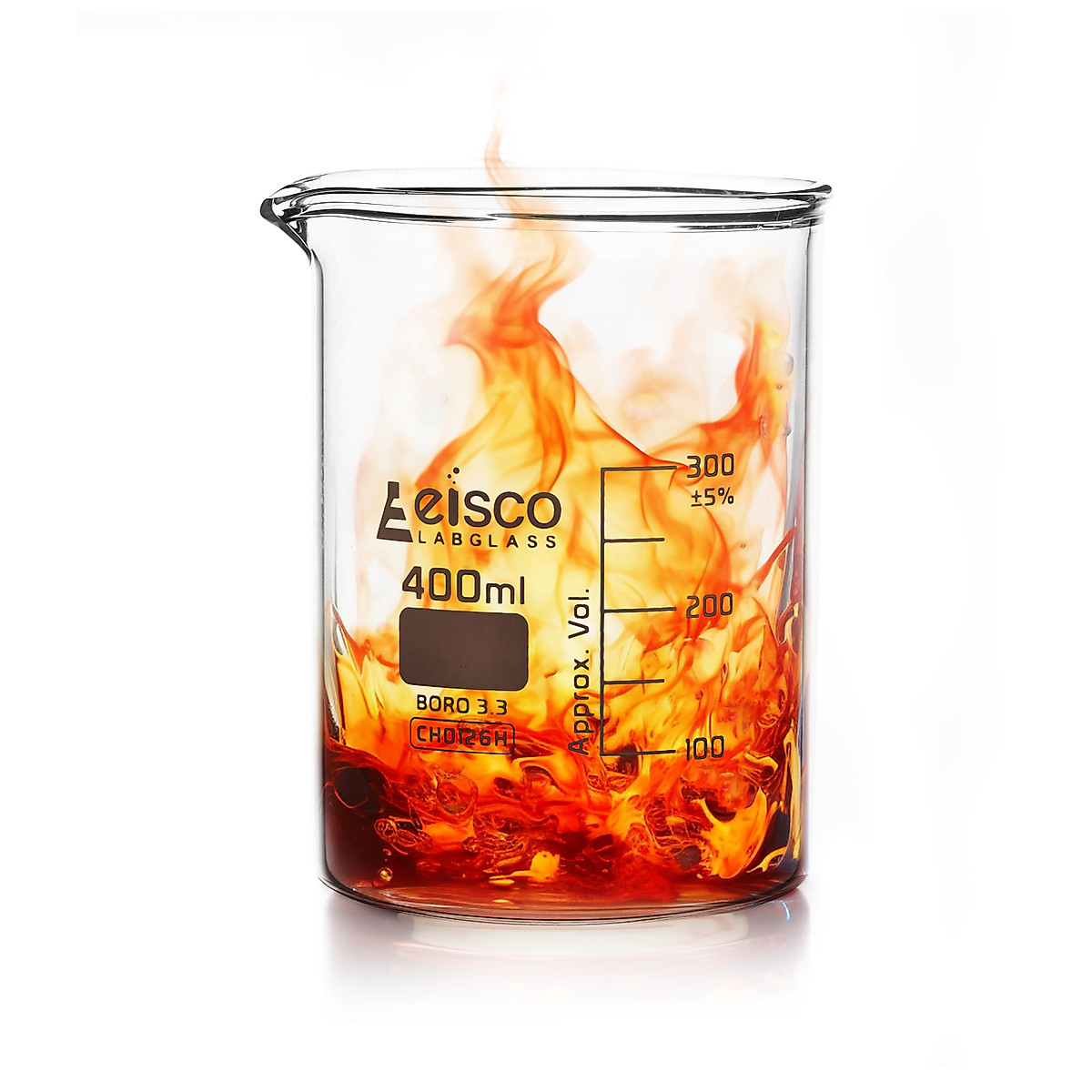 EISCO Beaker, 400ml - Low Form with Spout - White, 50ml Graduations - Borosilicate 3.3 Glass