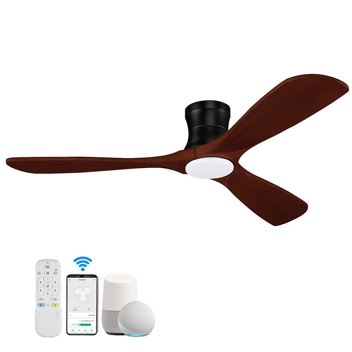 Hoenofly 52” Smart Wood Flush Mount Ceiling Fans with Lights Remote,Quiet DC Motor,Outdoor Indoor Low Profile Ceiling Fan,Voice WIFI Alexa App Control,Dimmable,6-speed,for Modern Bedroom Patio