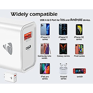 USB C Wall Charger, Aioneus 20w USB C Power Adapter, PowerPort PD iPhone Fast Charging Block, Dual Port for iPad/iPad Mini, iPhone 13/13 Mini/13 Pro/13 Pro Max/12/11, Pixel, Galaxy, and More（White）