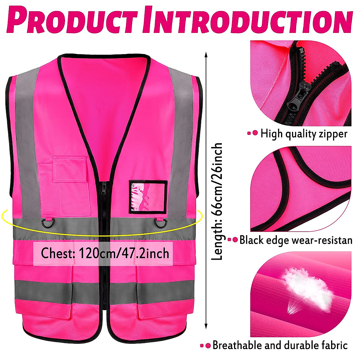 EBOOT 10 Pcs Safety Vests High Visibility Safety Vest with Reflective Strips, Neon Vest Construction Vest with Pockets (Pink)