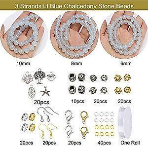 PAMIR TONG 146pcs Natural Chalcedony Beads Gemstone Jade Beads Round Loose Beads DIY Smooth Beads for Bracelet Necklace Earrings Jewelry Making with Stretch Cord & Jewerly Findings CB14 Lt Blue