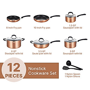 EPPMO Nonstick 12 Pieces Cookware Set, Copper Pots and Pans With Stay Cool Silicone Handle, Dishwasher Safe & Induction Compatible