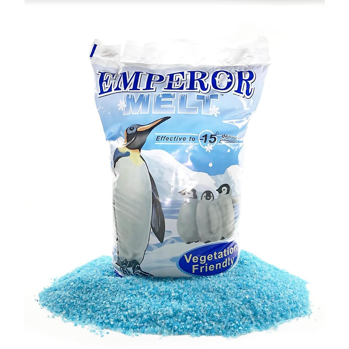 Peach Country Blue Emperor Ice Melt. Environmentally Friendly Ice Melter and Pet Safe Ice Melt Effective to temperatures of -15 Degrees Fahrenheit. Comes in a 50lb Bag.