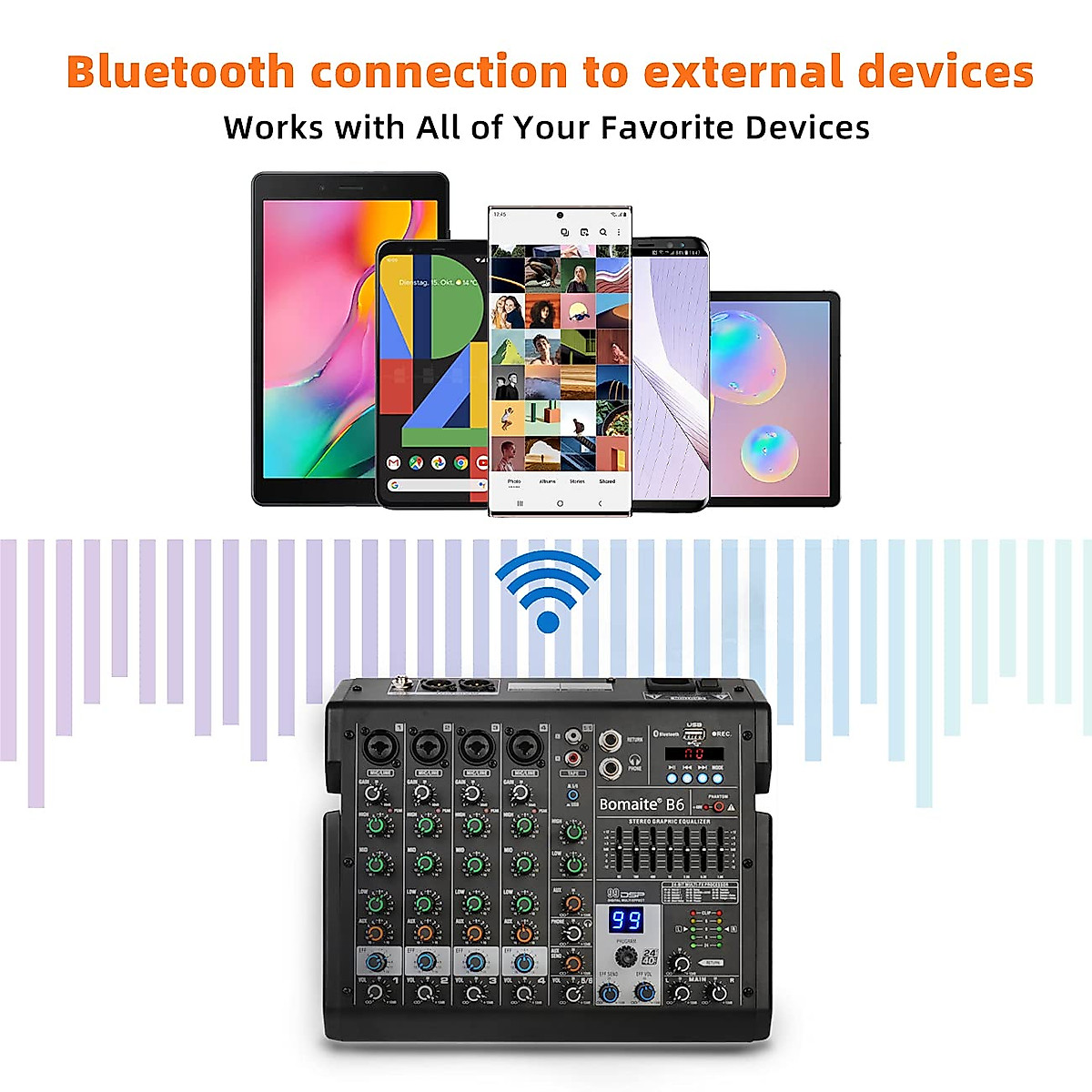 8-Channel Mixer 99 Effects 7 Band EQ Bluetooth Studio Audio Mixer for PC Recording Input, XLR Microphone Jack, 48V Power, for Professional and Beginners-Bomaite B8, Black