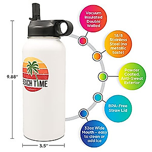 Lifecraft Beach Time 18/8 Stainless Steel Vacuum Insulated Sweat Proof Water Bottle Large 32 Oz Wide Mouth with Straw Flip Lid, Handheld Sport Design Hydro Metal Jug