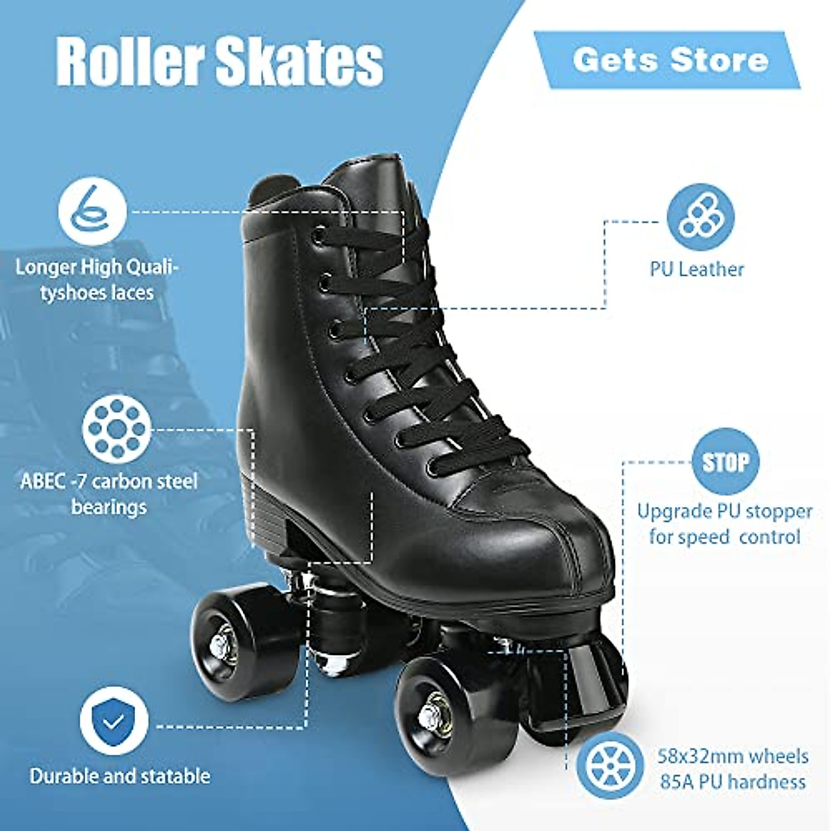 Gets Womens Roller Skates Light Up Wheels, Artificial Leather Adjustable Double Row 4 Wheels Roller Skates Shiny Skates for Teens,Adult (Black Wheel,38-US: 7)