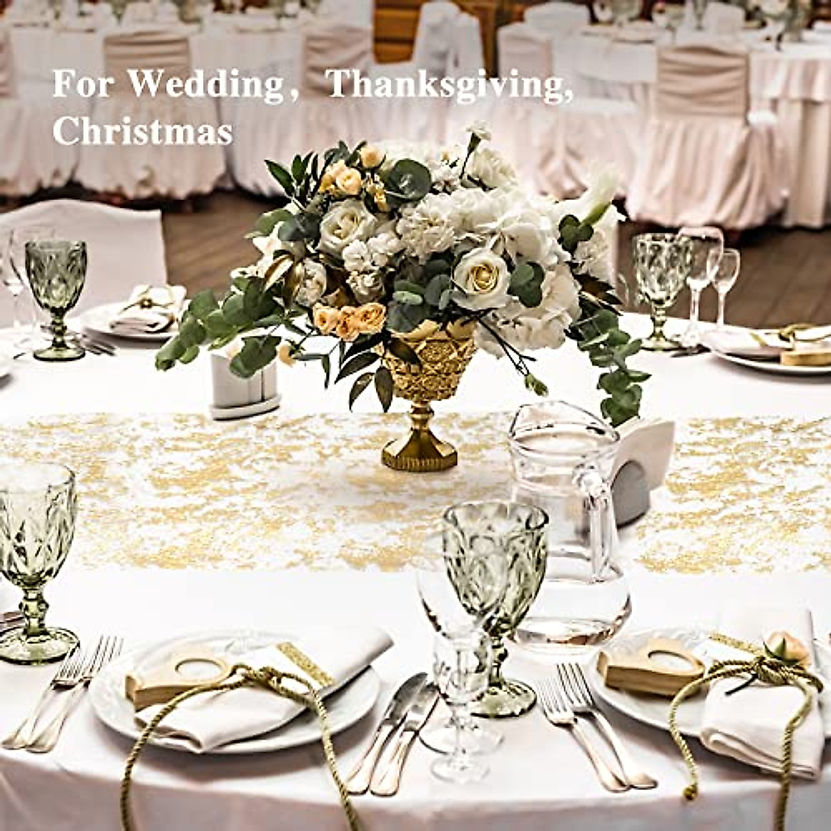 Ohanniewa Gold Table Runner 11 inch x 32 Feet Glitter Metallic Gold Foil Mesh Table Runner Roll Table Decorations for Wedding, Birthday, Banquet, Christmas