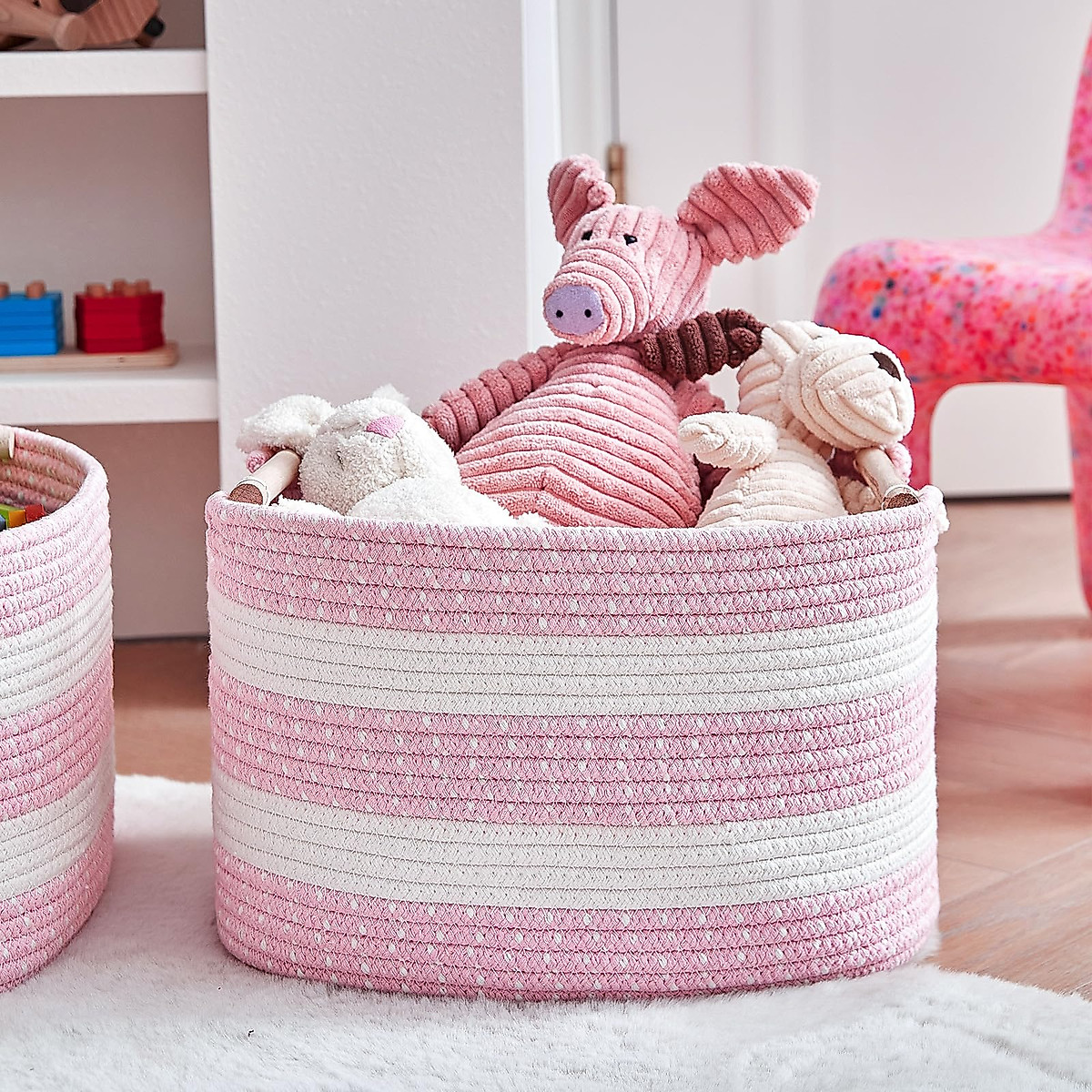 R RUNKA 3 Pack Storage Basket for Cabinet and Toy Organization - 13"x9.8"x8.7" Pink Baskets for Girls - Baby Toy Bin - Toy Storage Organizer - Ideal for Empty Gift Baskets to Fill -White & Pink