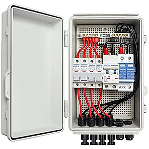 EXCELFU 4 String PV Combiner Box for Solar, with Lightning Arreste & 15A Rated Current Fuse and 63A Circuit Breaker, IP65 Waterproof Solar Combiner Box for On/Off Grid Solar Panel System