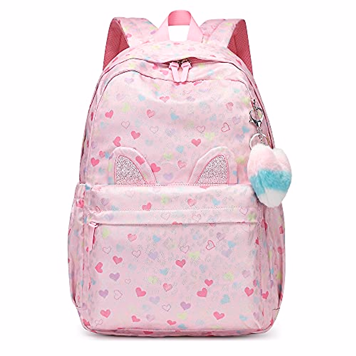 Kid Backpack for Girls and Boys -18-inch Lightweight, Spacious, Waterproof School Backpack Bag With Heart Design cute heart-shaped pendant and cat ears Toddlers Backpack For Ages 6+ And Above(Pink)
