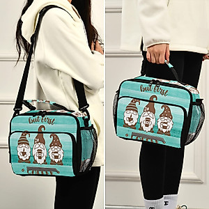 Teal Turquoise Wood Coffee Gnome Lunch Bags for Women Men Green Lunch Box Insulated Thermal Cooler Bag Reusable Organizer Tote Lunch Bag with Adjustable Shoulder Strap for Work Picnic Beach Sporting