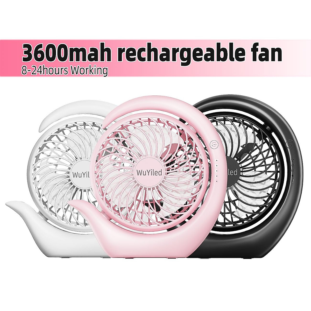 WUYILED Small Rechargeable Fan, Portable Usb or Battery Fan, 3600mah Small Desk Fan, 8-24Hours Working, 3 Speed & Keep Quiet, 3.28Ft Charging Cord(Black)