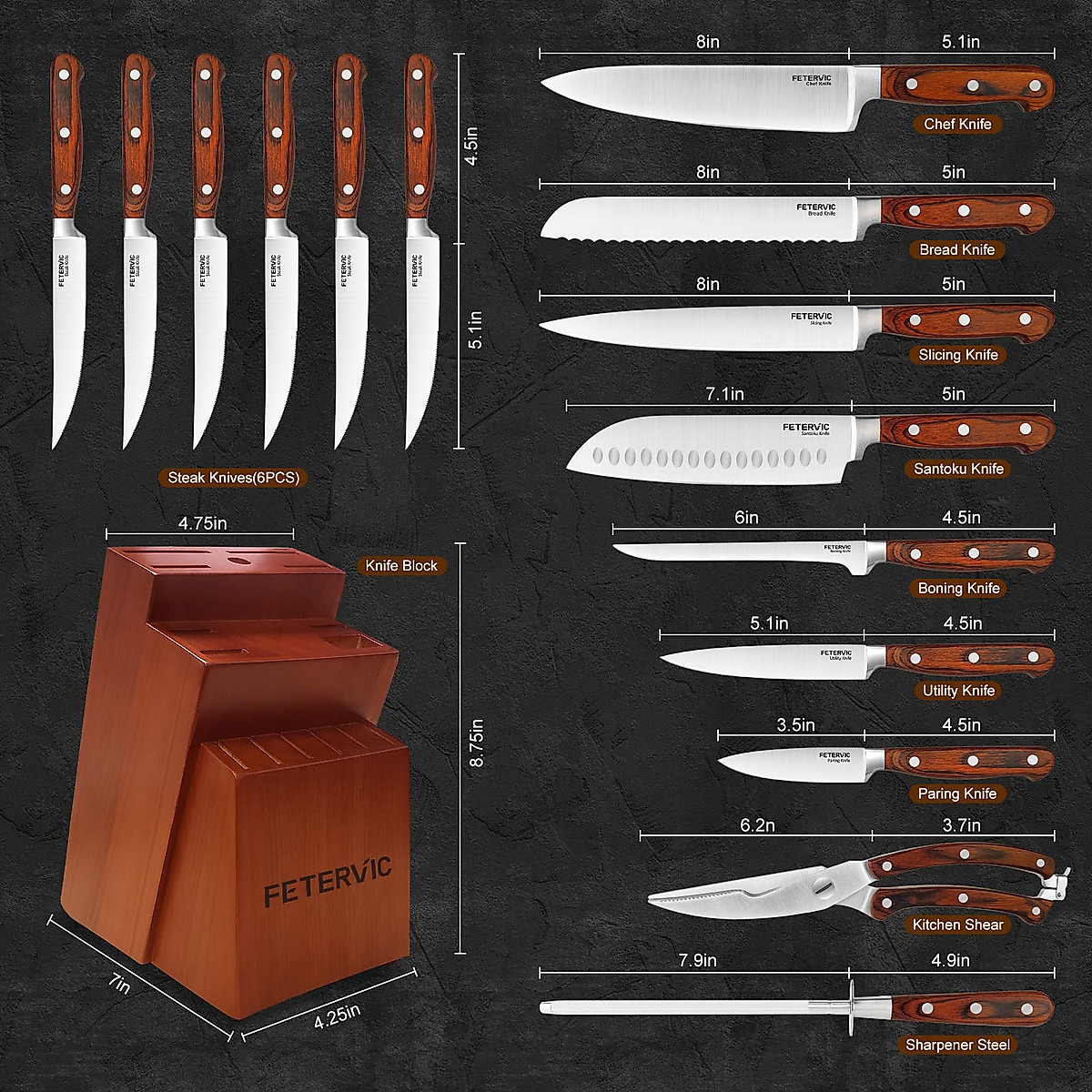 FETERVIC Knife Set -16 PCS High Carbon Kitchen Knife Sets Wooden Block with Chef Knife, 6 Pieces Steak Knives, Bread Knife, Sharpener Rod and Kitchen Scissors - Best Gift