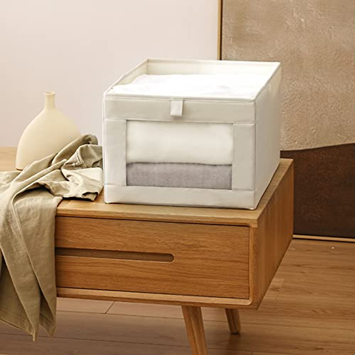 LaMorée Fabric Storage Bin Box Rectangular Cotton Linen Storage Basket Cube with Thick PP Board Clear Mesh Window Foldable Decorative Nursery Home Office Organizer Container – Beige, Large