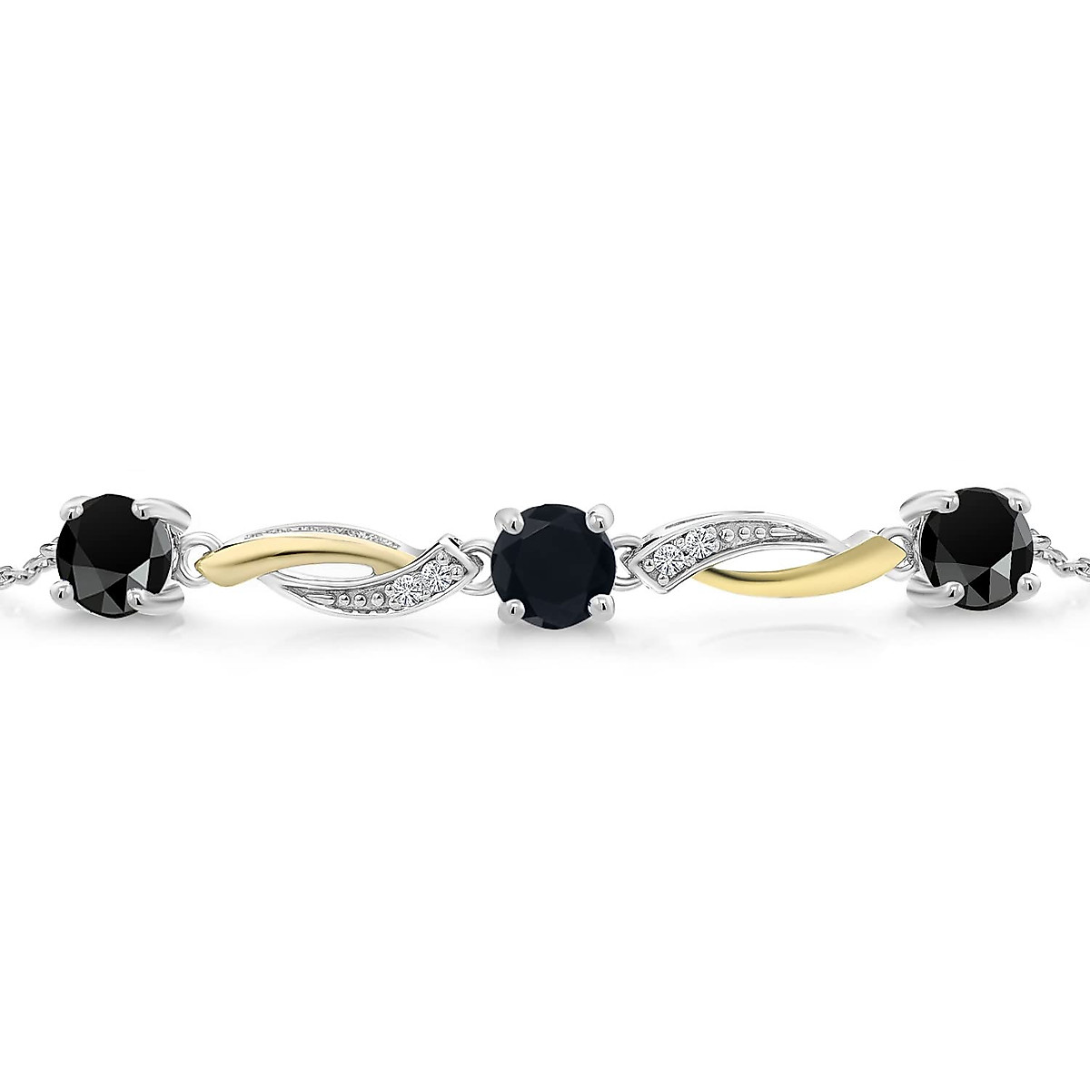 Gem Stone King 2-Tone 925 Sterling Silver and 10K Yellow Gold Black Onyx and White Lab Grown Diamond Tennis Bracelet For Women (1.47 Cttw, Gemstone Birthstone, 7 Inch with 1 Inch Extender)
