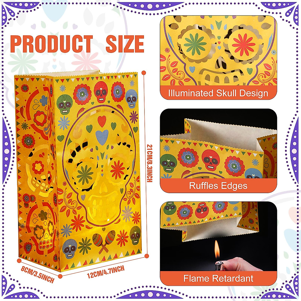 Ireer 30 Pieces Halloween Day of The Dead Luminary Bags Dia De Los Muertos Candy Bags Flame Resistant Candle Bags Sugar Skull Gift Goodie Bags for Mexican Fiesta Halloween Party Favors Supplies