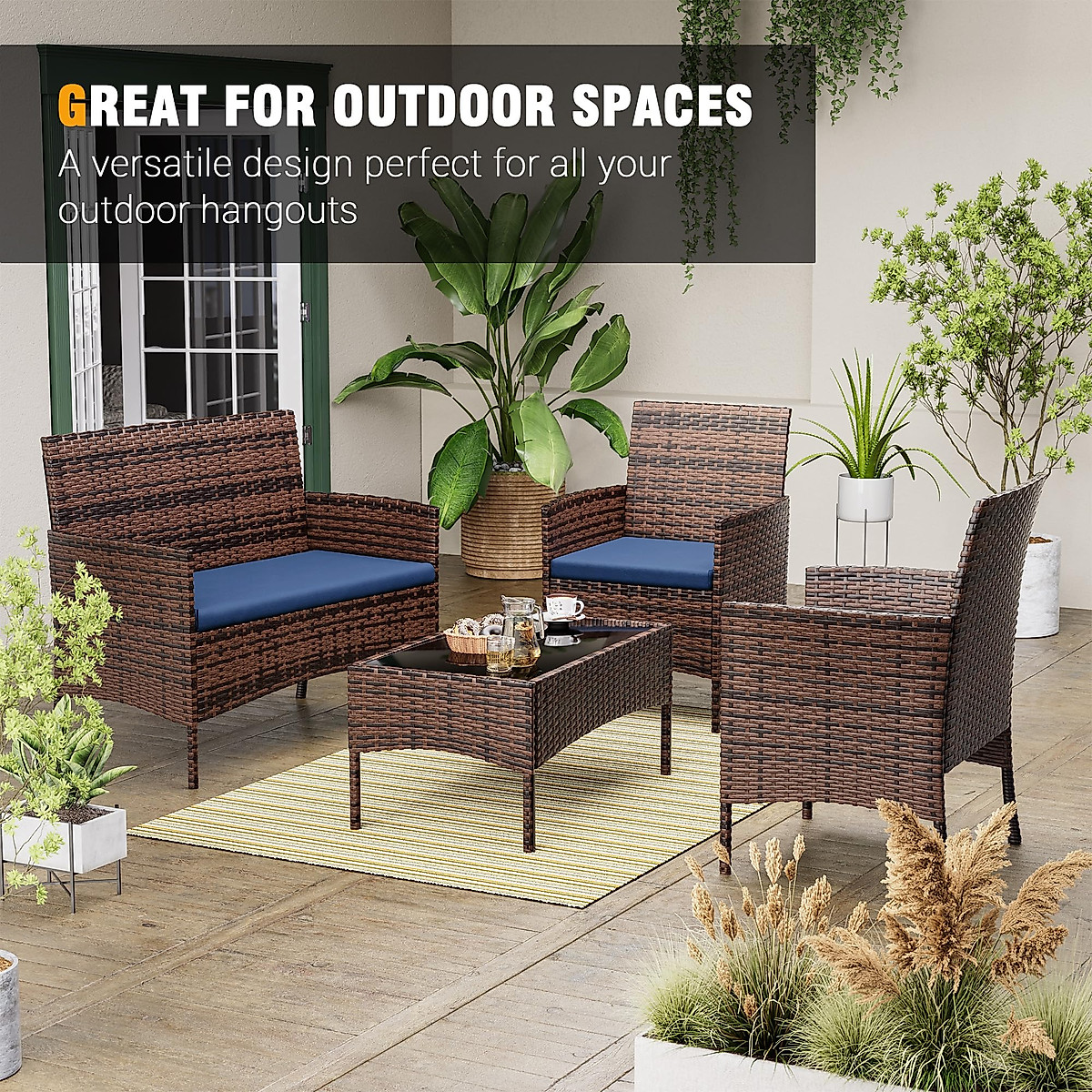 UDPATIO Patio Furniture 4 Pieces Outdoor Wicker Rattan Chair Balcony Conversation Sets Porch Furniture Sectional Loveseat w Cushions and Table for Backyard Pool Garden (Brown-Blue)