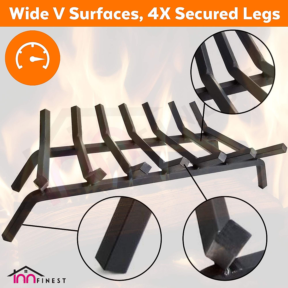 INNFINEST Fireplace Log Grate 30 inch 7 Bar Fire Grates Heavy Duty 3/4” Wide Solid Steel Indoor Chimney Hearth Outdoor Fire Place Kindling Tool Pit Wrought Iron Wood Stove Firewood Burning Rack Holder