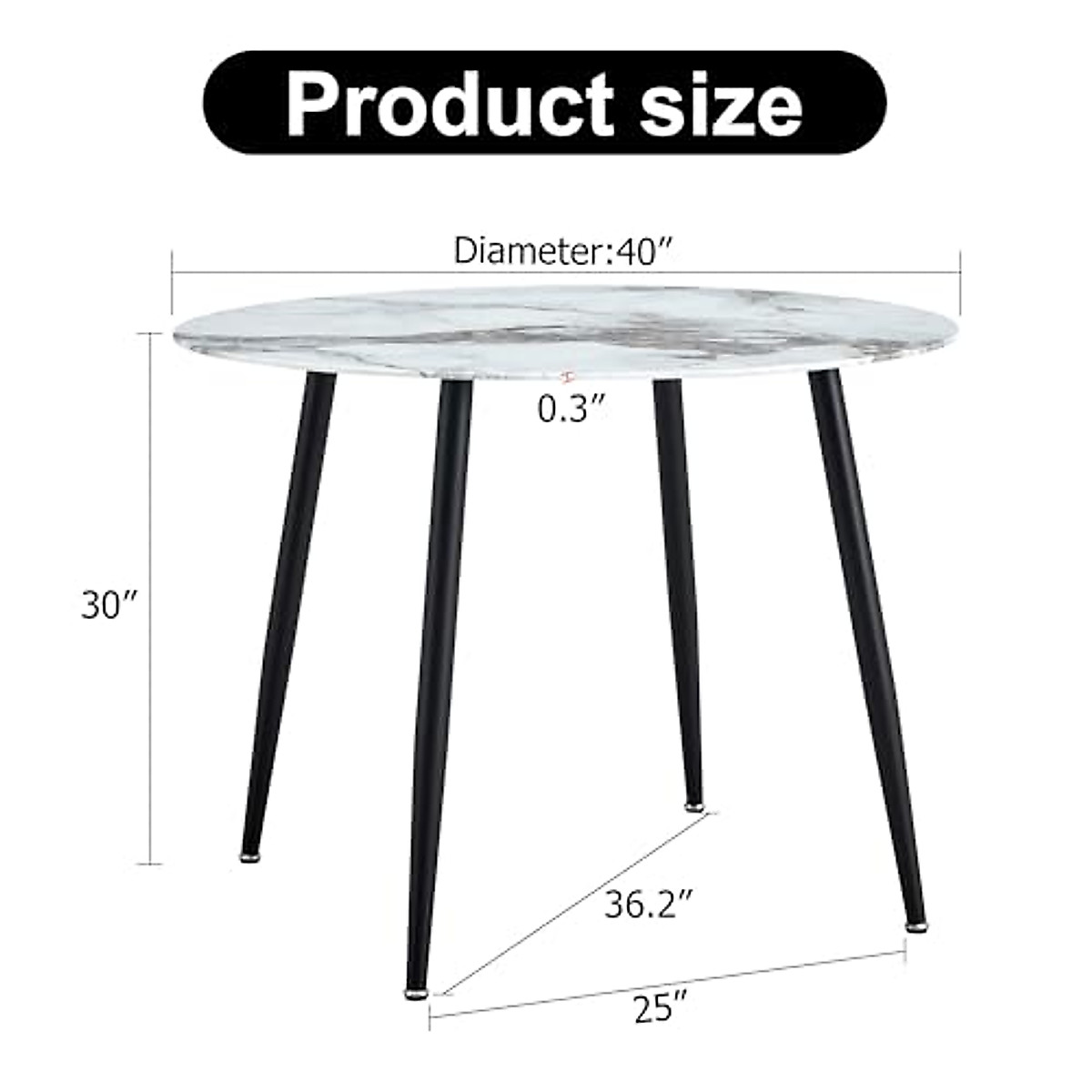 JBFF 40" Modern Minimalist Glass Dining Table for 2-4, 0.3" Thick White Circular Imitation Marble Pattern Tabletop with 4 Black Metal Legs, Suitable for Dining Living Room Restaurant