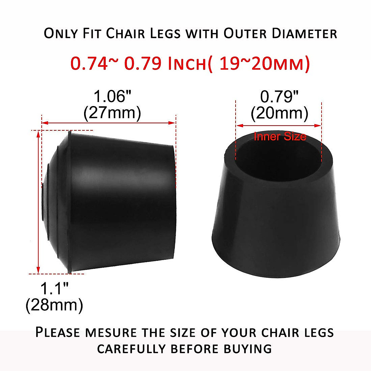 Chair Leg Floor Protectors,20mm 3/4 Inch Anti Slip Rubber Table Chair Leg Caps,Black, Fit Round Diameter 0.74"~0.79", 10 Pack