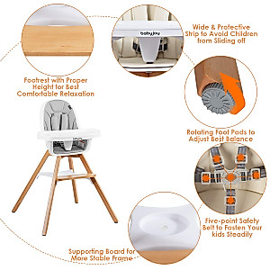 BABY JOY 3 in 1 High Chair, Baby Eat & Grow Convertible Wooden High Chair/Rocking Chair/Booster Seat/Toddler Chair, Infant Dining Chairs w/Double Removable Tray, 5-Point Seat Belt & PU Cushion, Gray