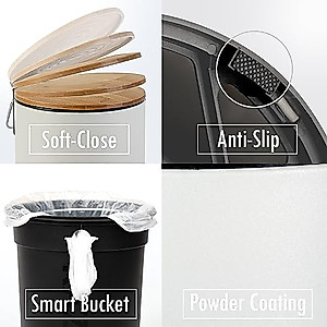 Kazai.®️ Bamboo Bathroom Trash Can | Soft Close and Slip-Resistant | 3L / 0.8 Gall. | Stainless Steel | White