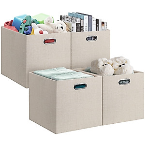 Posprica 13x15x13in Collapsible Storage Bins, Fabric Foldable Cube Storage Boxes, Decorative Storage Baskets Organizer for IKEA Kallax, Shelves, Closet, Clothes, Toy, Set of 4-Beige