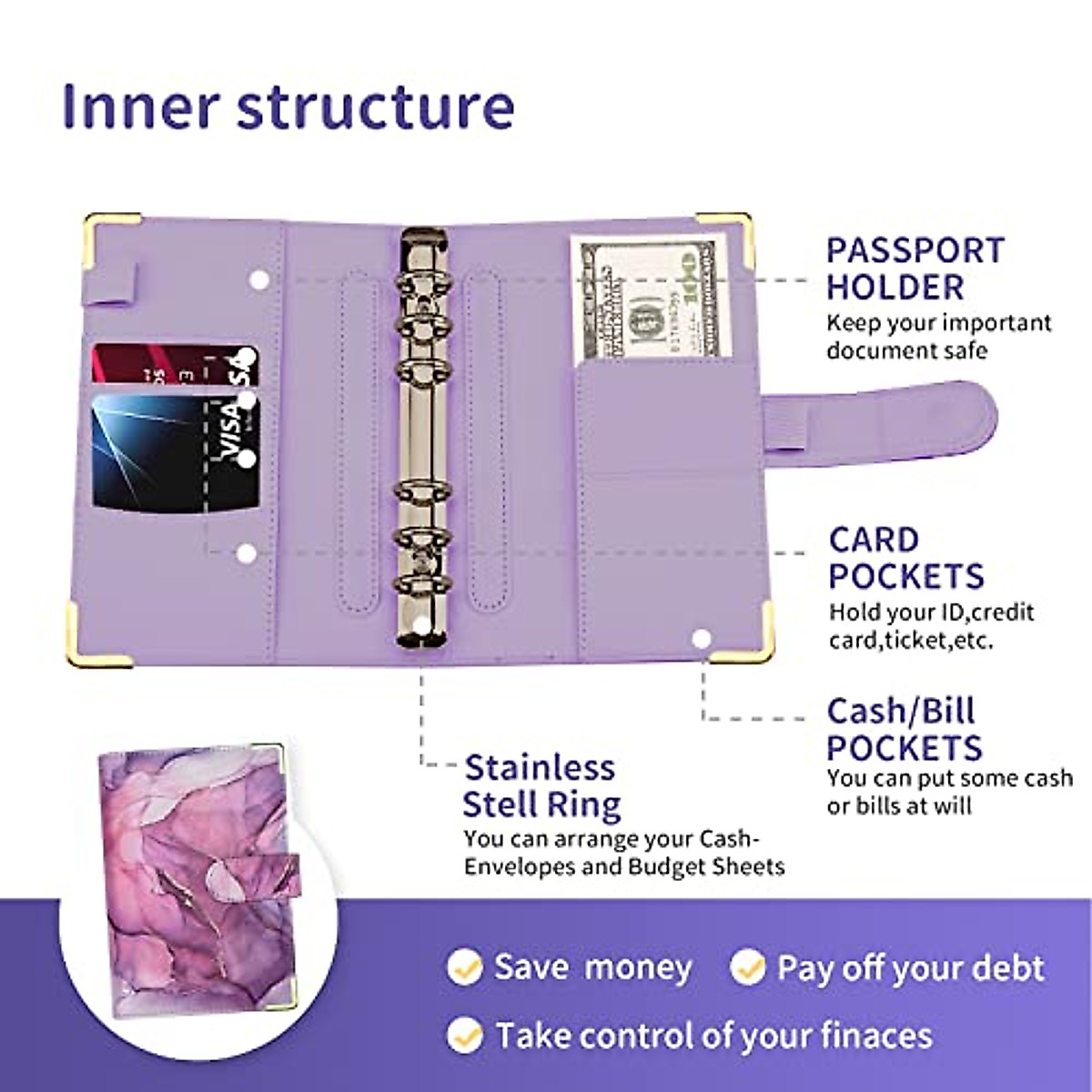 Budget Binder, A6 Marble PU Leather Binder, 6 Ring Budget Planner Organizer with 8 Zipper Cash Envelopes, 12 Expense Budget Sheets, 2 Letter Label Sticker for Budgeting, Saving Money (Purple)