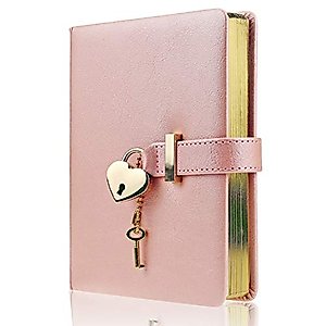 Mazeran Heart Shaped Lock Journal, PU Leather Hard Cover Gold Gild Edge Notebook Travel Diary, B6 Lined Locking with Key Personal Planner Secret Organizers Gift for Girls Women Daughter
