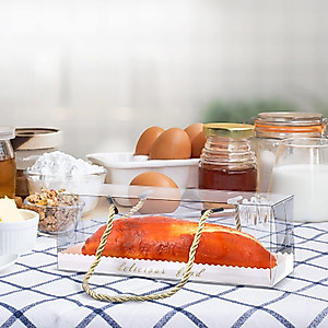 Irenare 30 Pcs Clear Cake Box with Handles Bakery Clear Pastry Cookies Candy Box Rectangular Plastic Cake Roll Container Portable Treat Dessert Gift Boxes for Cupcake, 8.86 x 3.07 x 3.07 Inch (Gold)