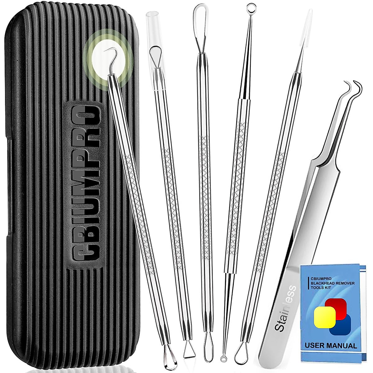 Cbiumpro Blackhead Remover Tools, Pimple Popper Tool Kit, Blackhead Extractor Tool, Zit Popper Tool, Professional Pimple Extractor Tool for Blackhead, Acne, Whitehead, Comedone on Nose - with Case