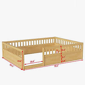 DNYN Full Size Floor Bed for Kids Bedroom,Solid Wood Bedframe w/Fence & Easy Assemble & Space Saving Design & No Box Spring Needed, Natural