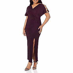 Alex Evenings Women's Long Knot Front Dress with Embellished Short Sleeve, Eggplant, 12