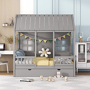 Bellemave Full House Beds with Trundle and Rails Wooden Kids Montessori Bed with Wall and Windows Wood Playhouse Tent Bed Frame for Girls Boys, Full Size, Gray