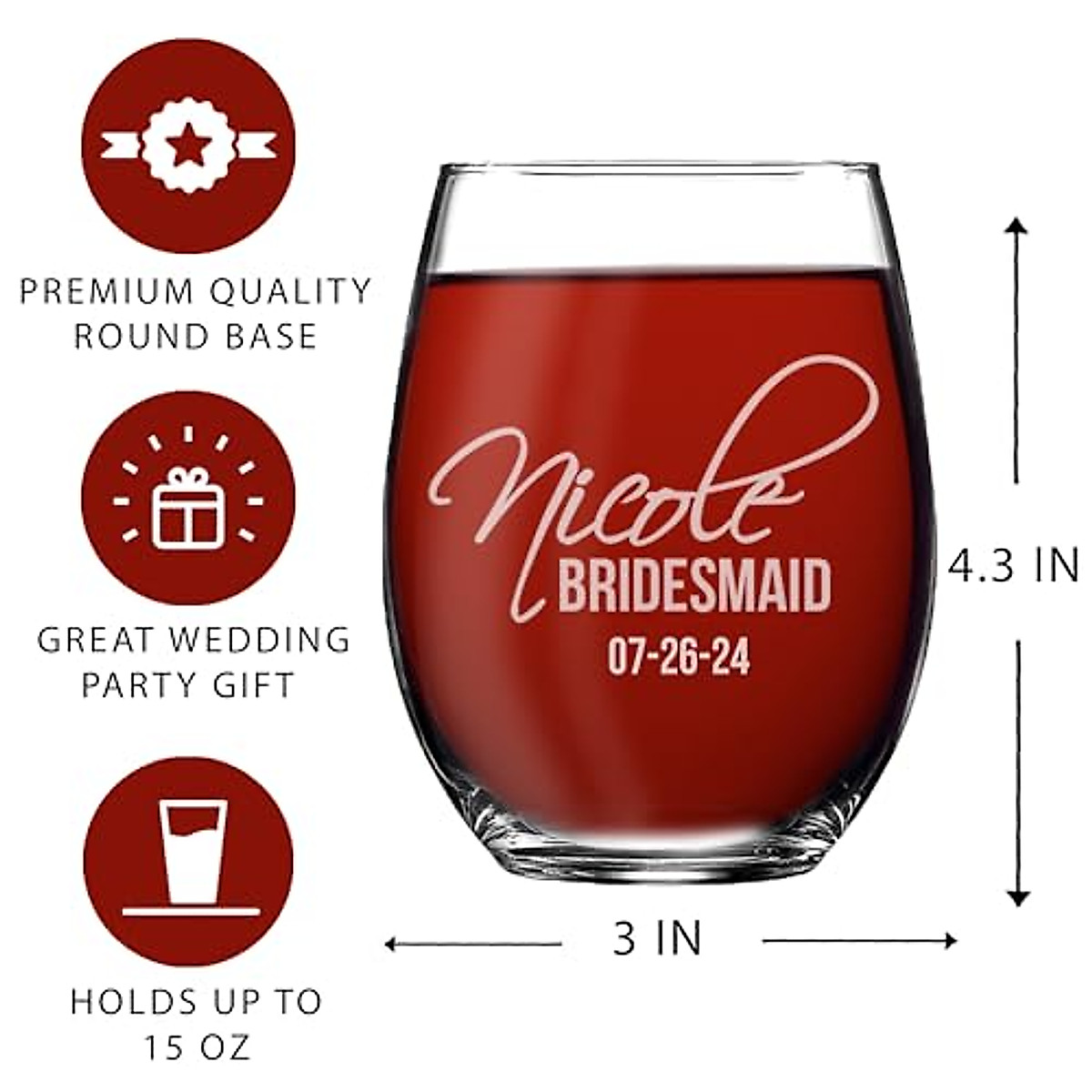 Set of 1, 2, 3, 4, 5, 6, 7, 8 Custom Etched Bride, Bridesmaid Stemless Wine Glasses - Personalized Wedding Party Glass Gifts - Feather Tip Style (1)