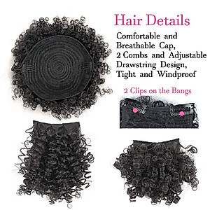 Allyreetress Afro Puff Drawstring Ponytail with Bangs Pineapple Updo Hair for Black Women,Short Kinky Curly Ponytail Bun with 2 Replaceable Bangs(#1B-Black)
