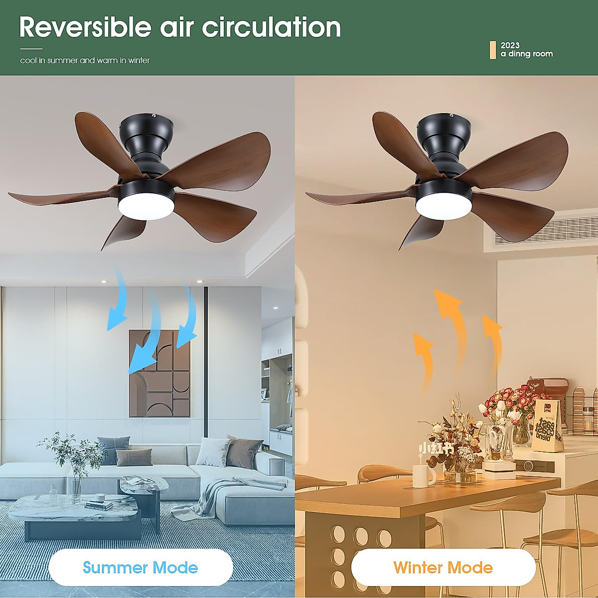 Kviflon Ceiling Fans with Lights and Remote/APP Control, 30 inch Low Profile Ceiling Fans with 5 Reversible Blades 3 Colors Dimmable 6 Speeds Ceiling Fan for Bedroom Dining Room, Wood Color