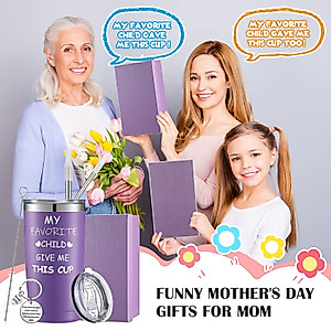 Panitay 7 Pcs Funny Mother's Day Gifts for Mom 20 oz My Favorite Child Give Me Travel Tumbler with Lid Straw Brush Inspirational Mother Keychain Gift Box from Daughter Son (Purple)
